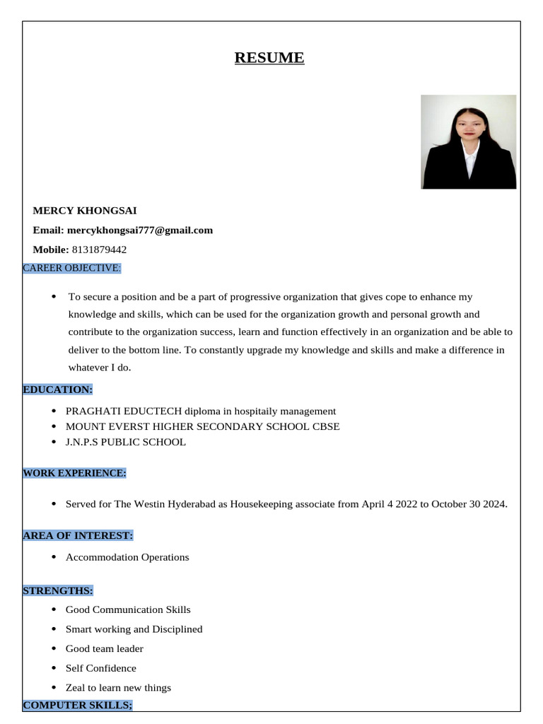 MERCY KHONGSAI RESUME (Replica) | PDF