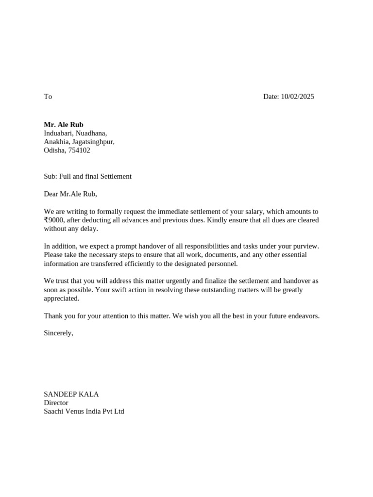 Urgent Full and Final Settlement Request | PDF