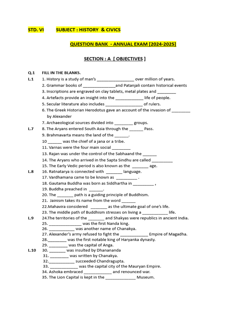 History & Civics Question Bank 2024-25 | PDF | Ancient India | Indian ...