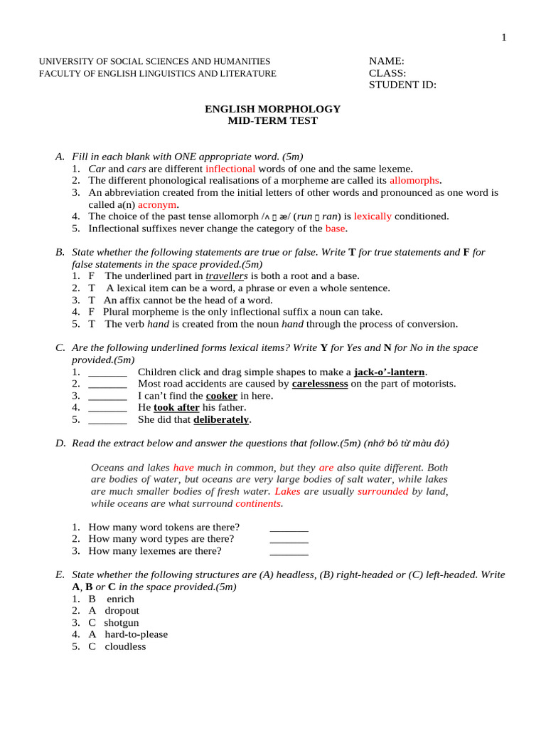 SampleTest Morpho | PDF | Morphology (Linguistics) | Word