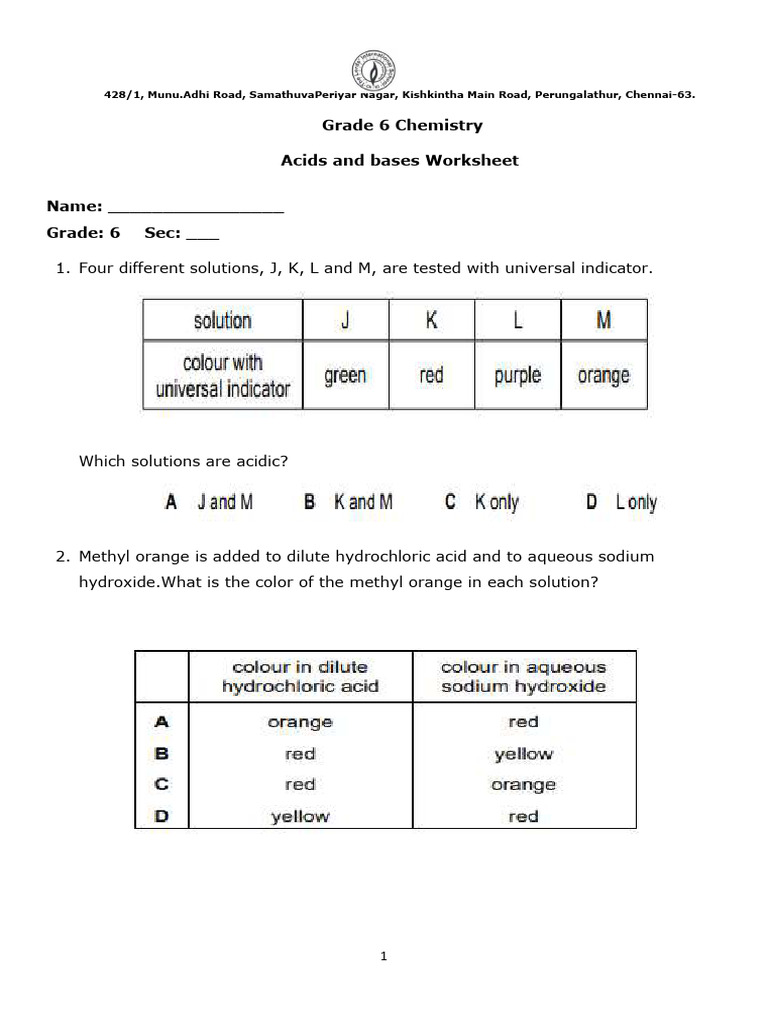 Grade 6 Acids and Bases Worksheet | PDF