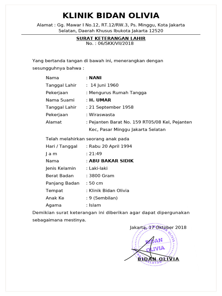 Surat Keterangan Lahir Abu Bakar Sidik | PDF