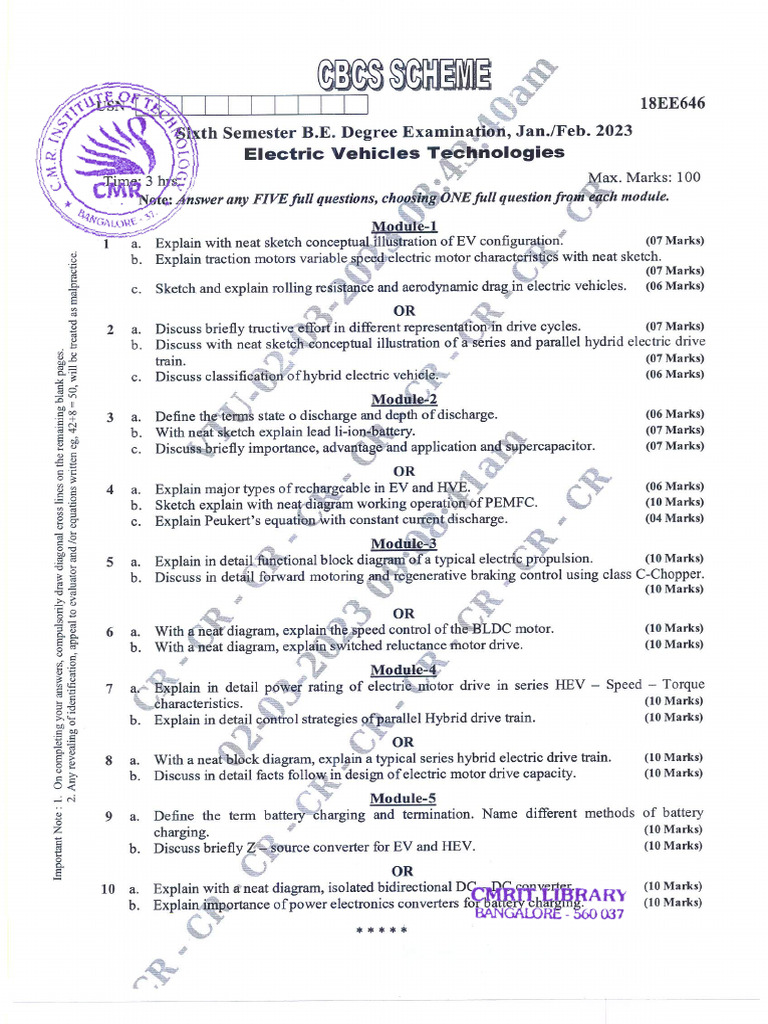 VTU Question Paper of 18EE646 Electric Vehicles Technologies Jan-Feb ...