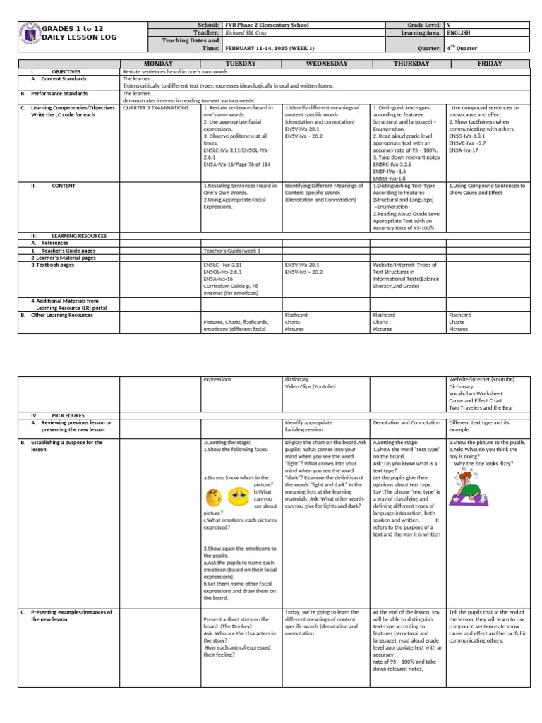 English 5 Q4 Week 1 Lesson Plan | PDF | Learning | Human Communication