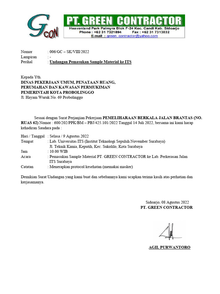 Surat Pemasukan Sample Material | PDF