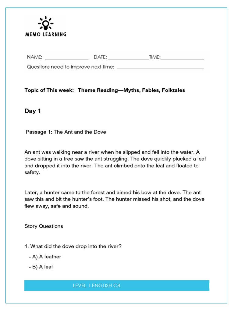Level 1 English C8 Theme Reading-Fables-Print With Test | PDF