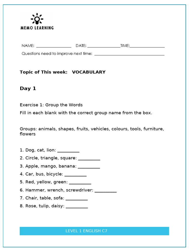 Level 1 English C7 Vocabulary - Print With Test | PDF | Duck