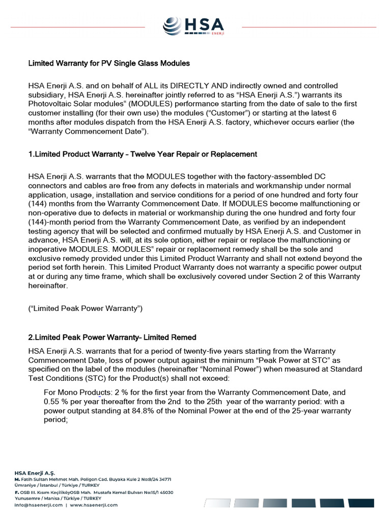 Limited Warranty-HSA ENERJI | PDF | Solar Panel | Civil Law (Legal System)