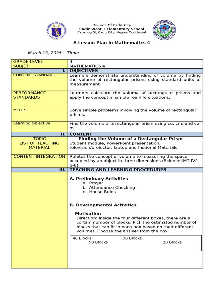 Anamay-Lesson Paln - Exemplar-Matatag Template | PDF | Volume | Length