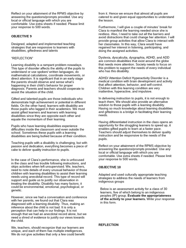 TEACHER REFLECTION FORM FOR RANKINGgggggg | PDF | Attention Deficit Hyperactivity Disorder ...