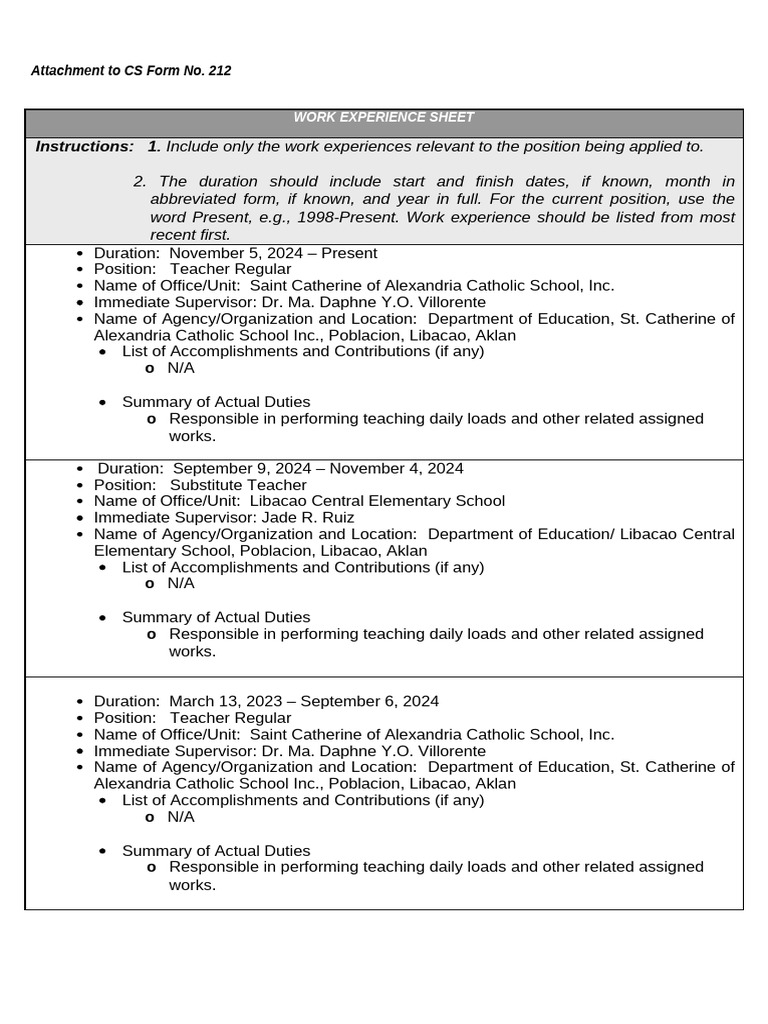 Teacher Work Experience Summary | PDF
