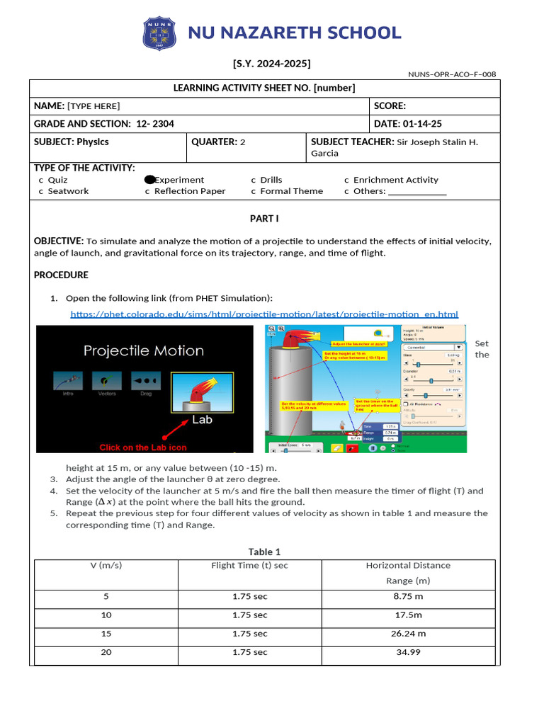Virtual Experiment Projectile Motion 3 1 | PDF | Drag (Physics) | Projectiles
