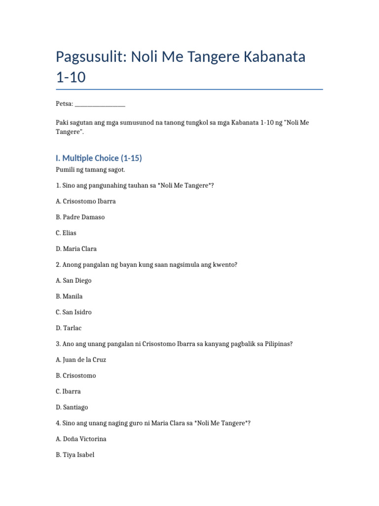 Noli Me Tangere Pagsusulit Kabanata 1 10 | PDF