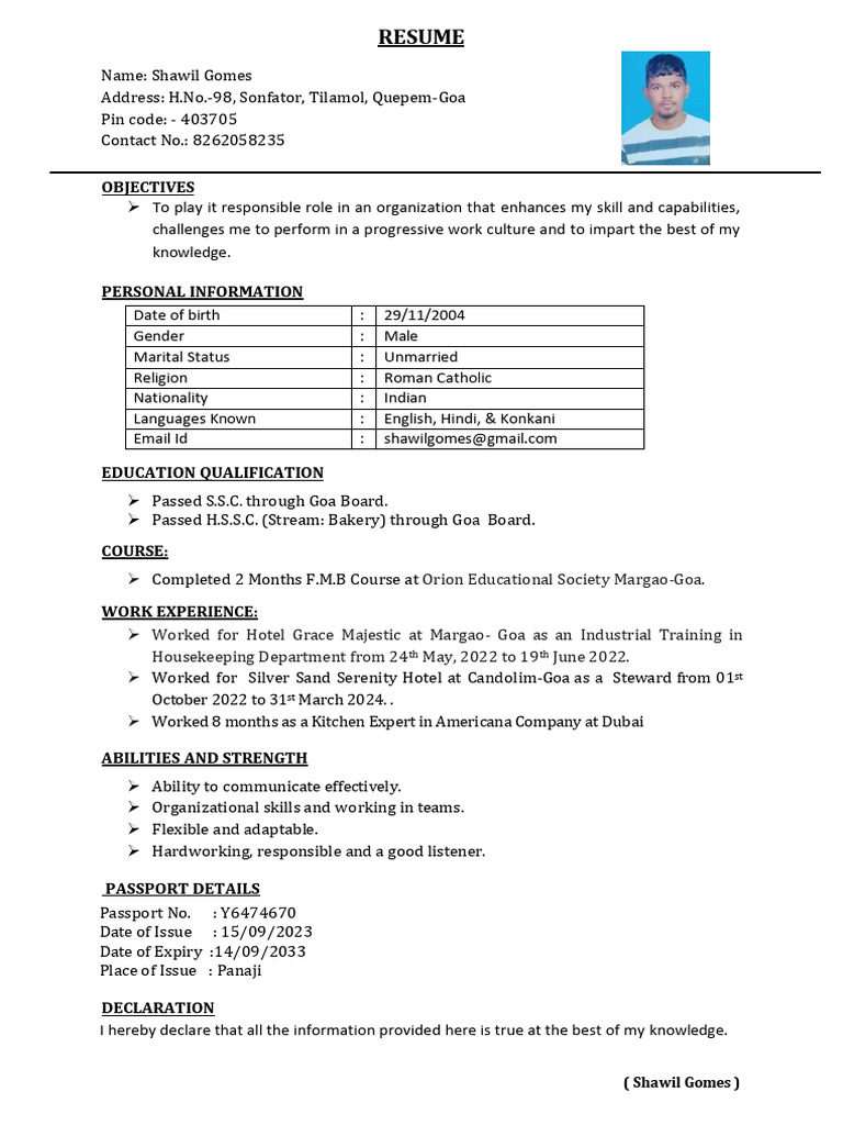 Shawil Gomes Resume: Skills & Experience | PDF