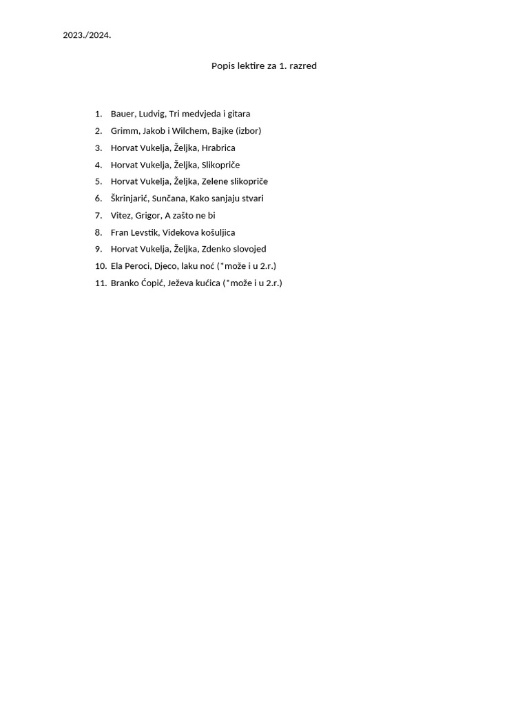 Popis Lektire 1. I 2. Razred | PDF