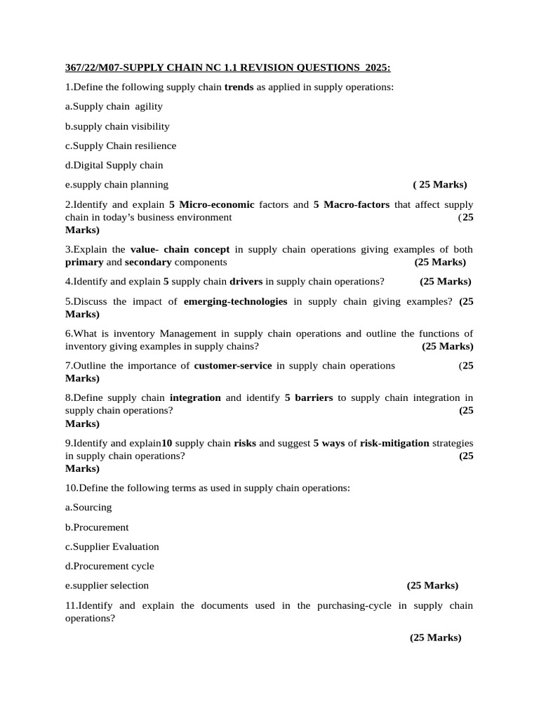 Supply Chain Revision Questions 2025 | PDF | Supply Chain | Procurement