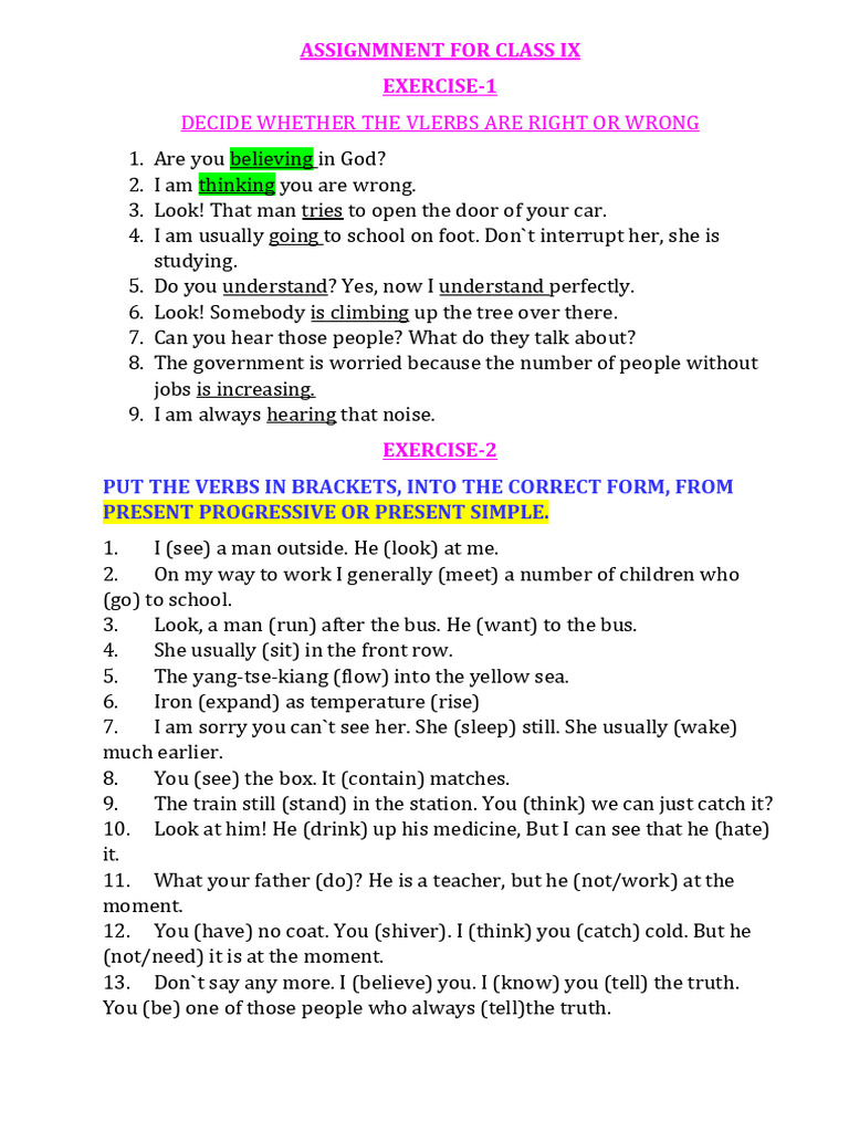 Class IX Verb Exercises and Corrections | PDF