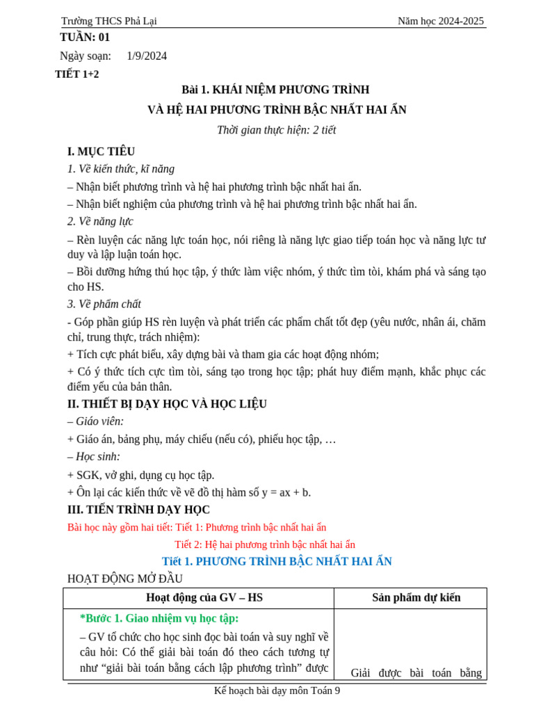 Tuần 1 KHBD TOÁN 9 | PDF