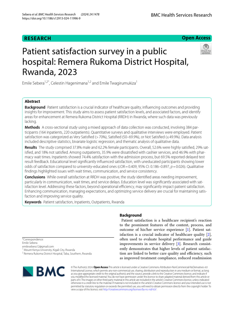 2023 - Rwanda - Patient Satisfaction Survey in A Public Hospital Remera ...