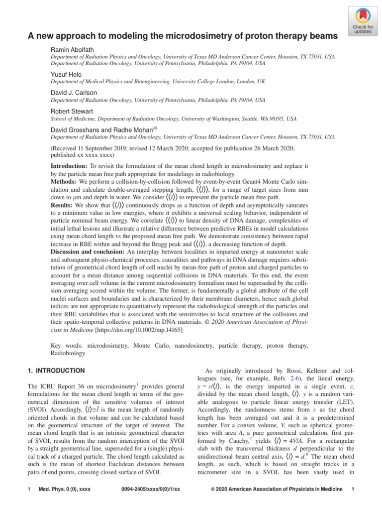 Abolfath Et Al. - 2020 - A New Approach To Modeling The Microdosimetry of Proton Therapy Beams ...