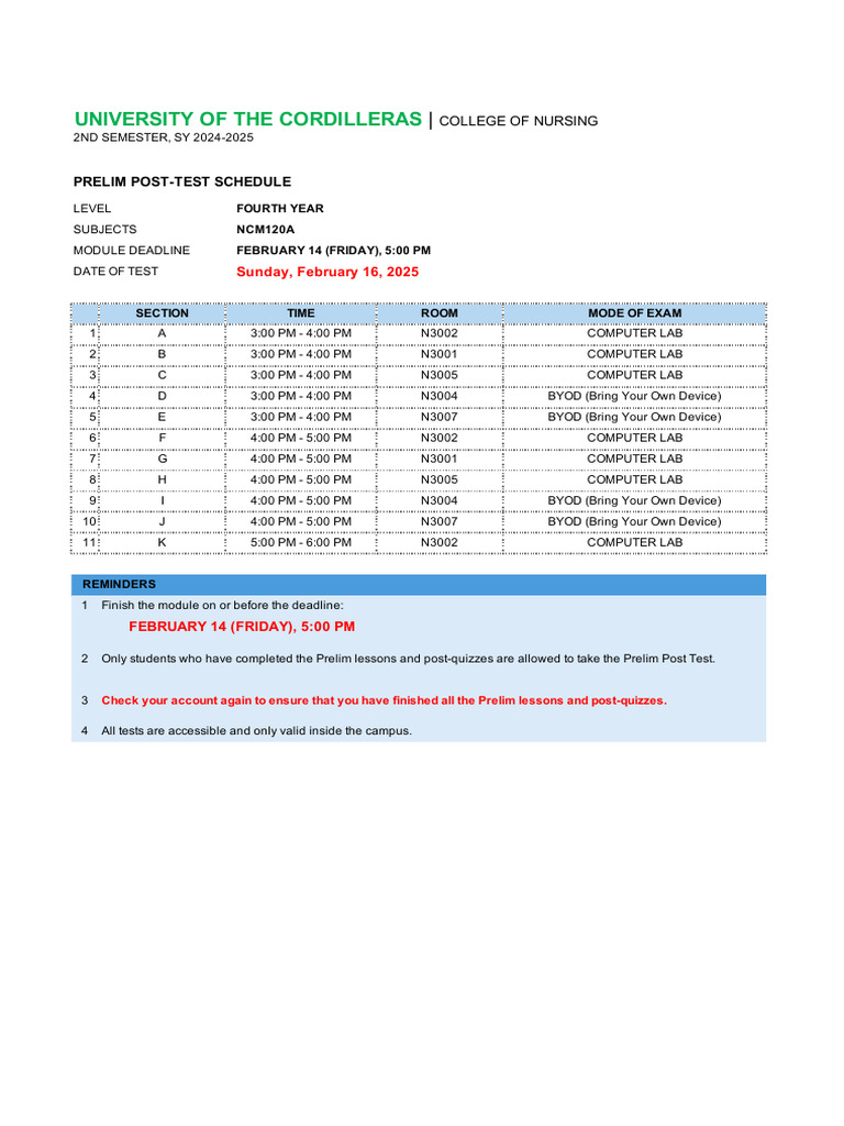 LEVEL 4 - PRELIM EXAM SCHED | PDF