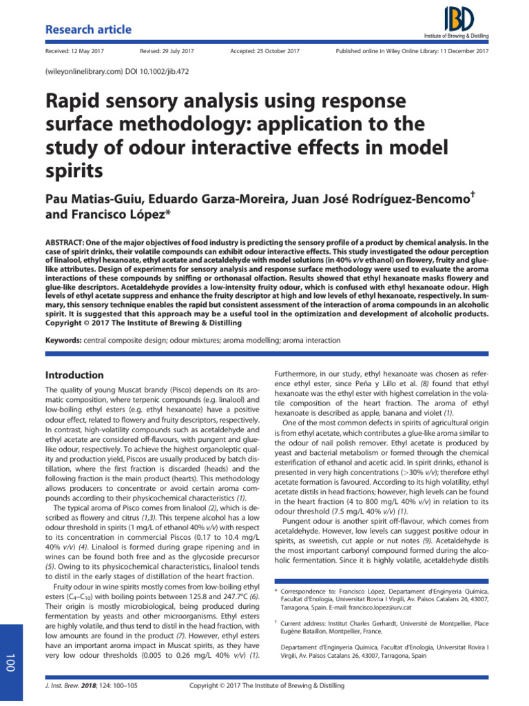Odour Interaction in Model Spirits Analysis | PDF | Odor | Fermentation ...