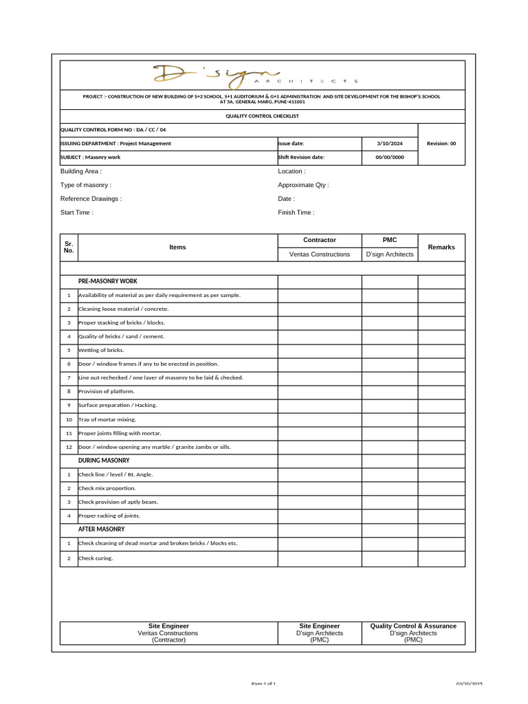 Masonry Work Checklist | PDF | Masonry | Brick