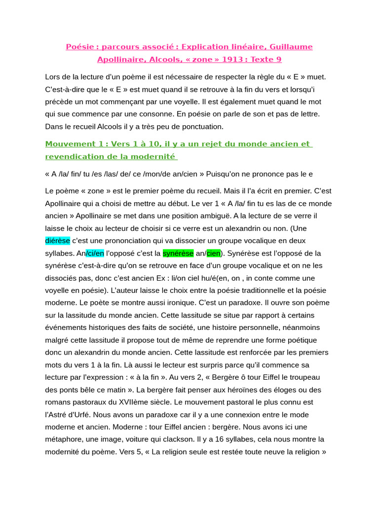 Analyse de "Zone" d'Apollinaire | PDF | Poésie