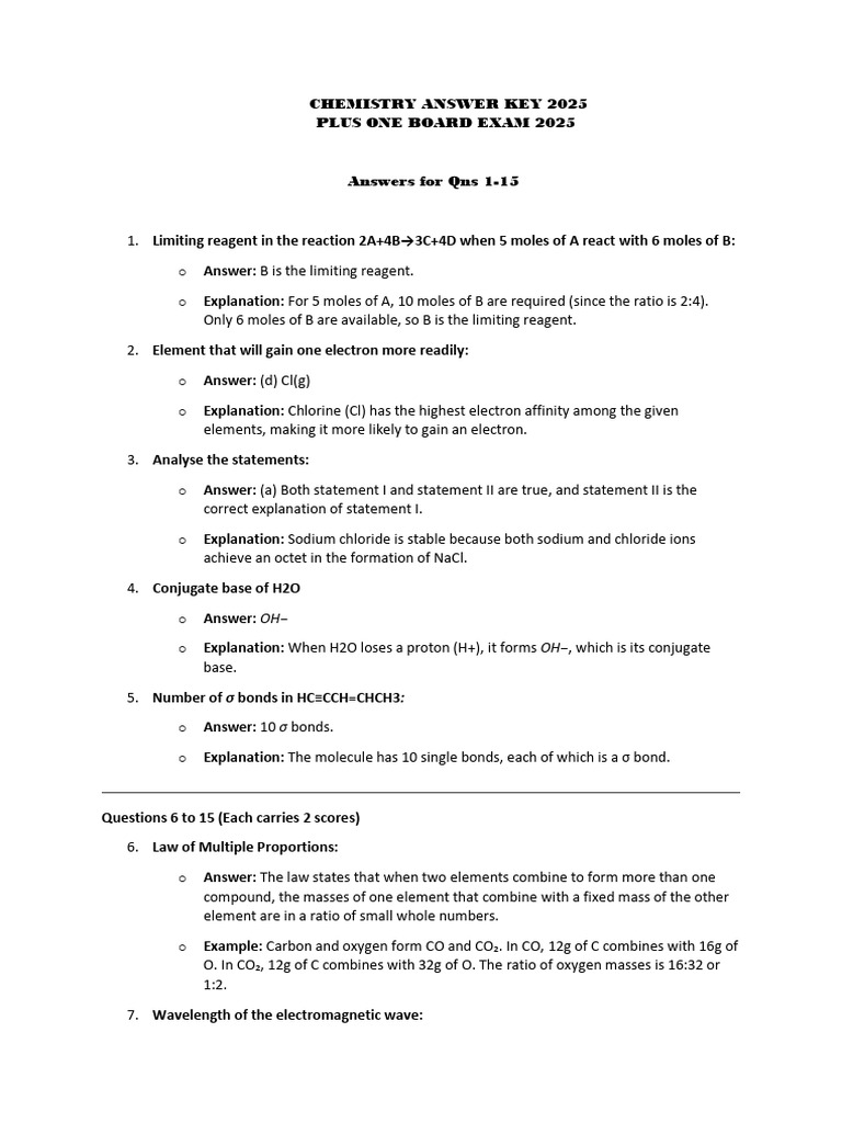 Plus One Board Exam 2025 Chemistry Preliminary Answer Key | PDF | Chlorine | Acid