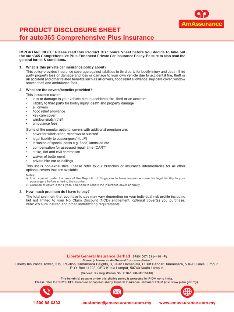 Auto365ComprehensivePlus PDS ENG | PDF | Insurance | Vehicle Insurance