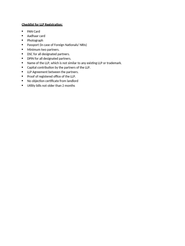 Checklist For LLP Registration | PDF