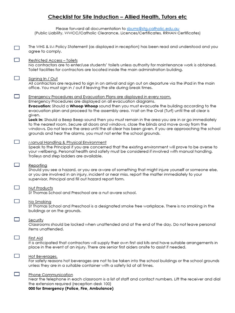 Checklist For Site Induction 2025 - Allied Health | PDF | First Aid ...
