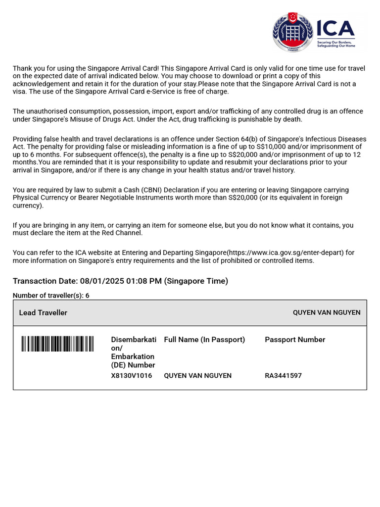 Singapore Arrival Card Details | PDF | Passport | Travel Visa