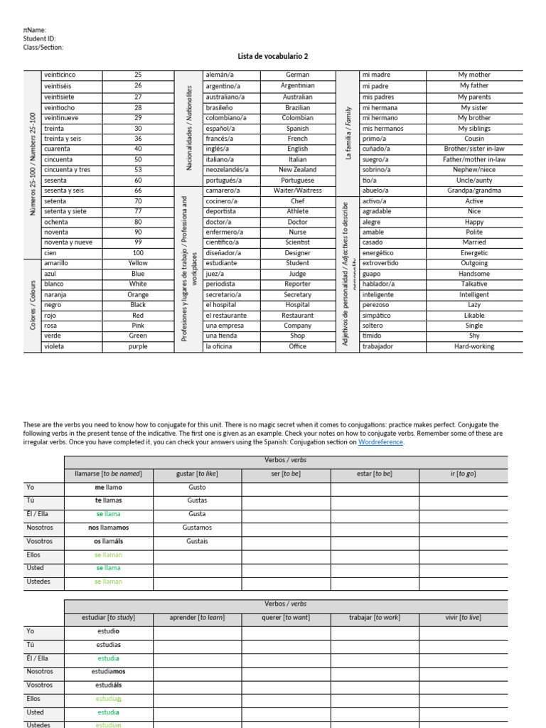 SPAN 1003 Lista de Vocabulario 2 | PDF