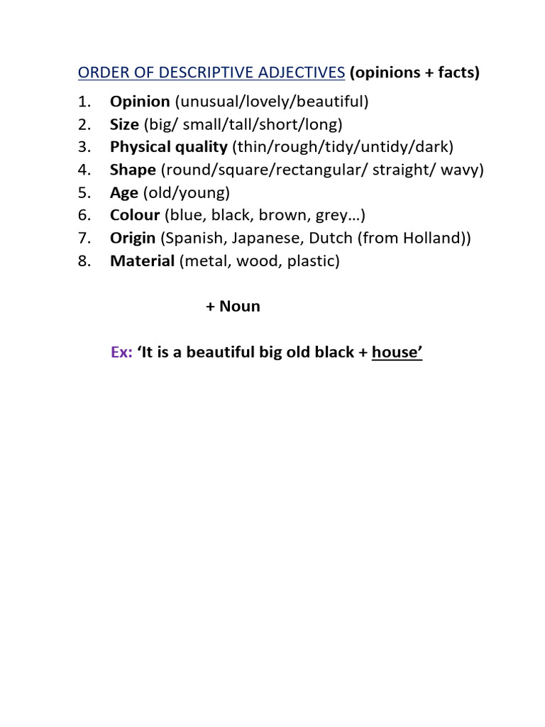 Descriptive Adjective Order Guide | PDF