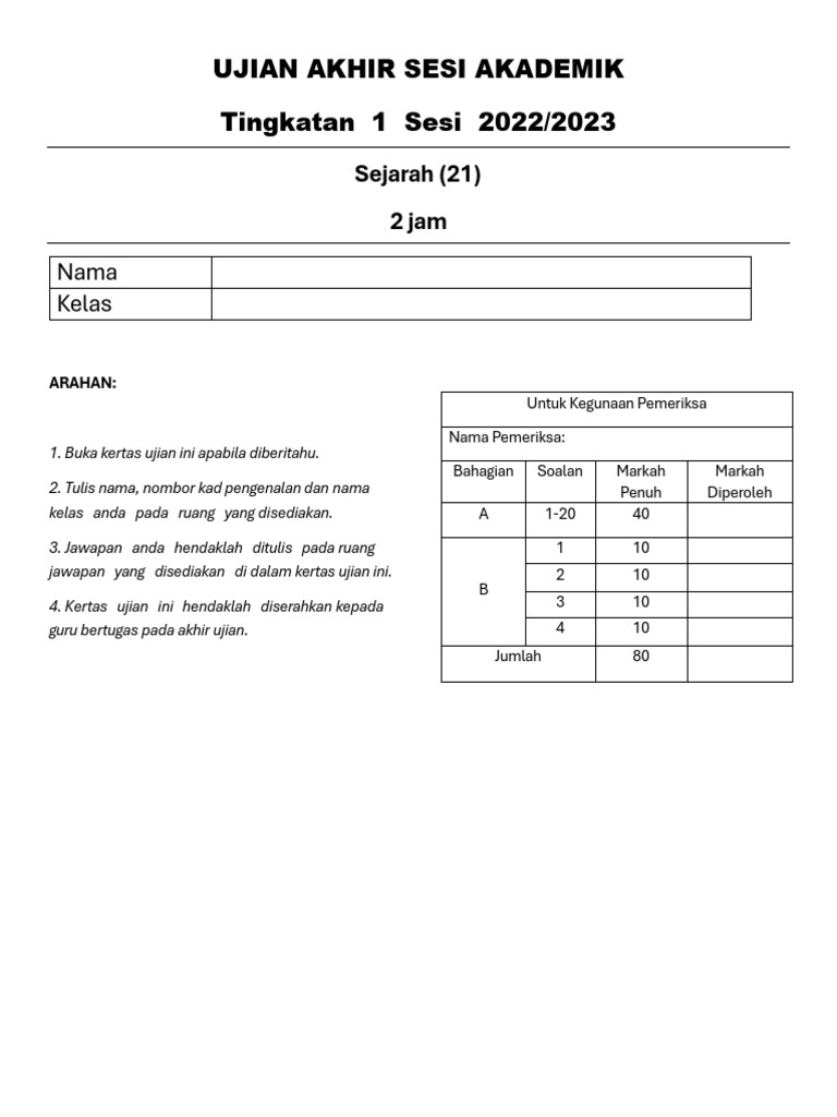 Uasa Sejarah Tingkatan 1 | PDF