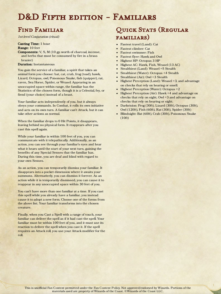 D&D 5E Familiar Overview and Stats | PDF