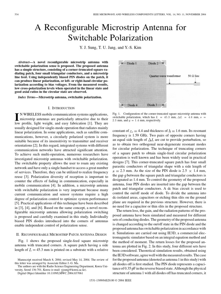 A Reconfigurable Microstrip Antenna For Switchable Polarization | PDF | Antenna (Radio) | Microwave