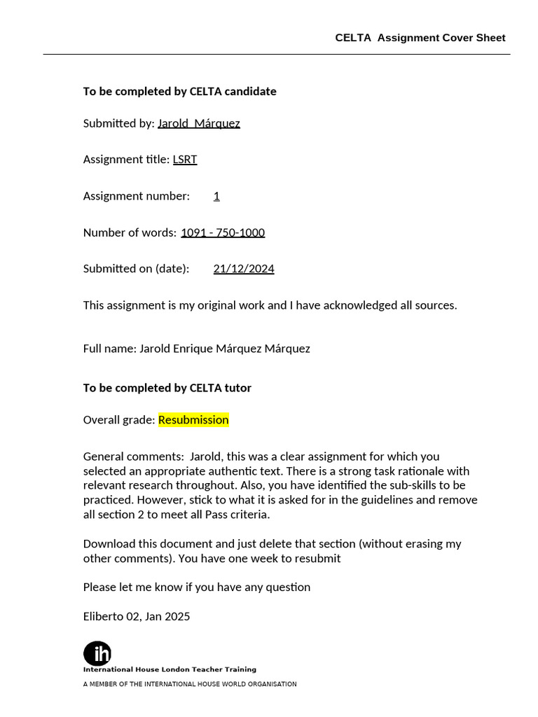 CELTA - LANGUAGE SKILL RELATED TASK (1) .Docx Resubmition | PDF ...