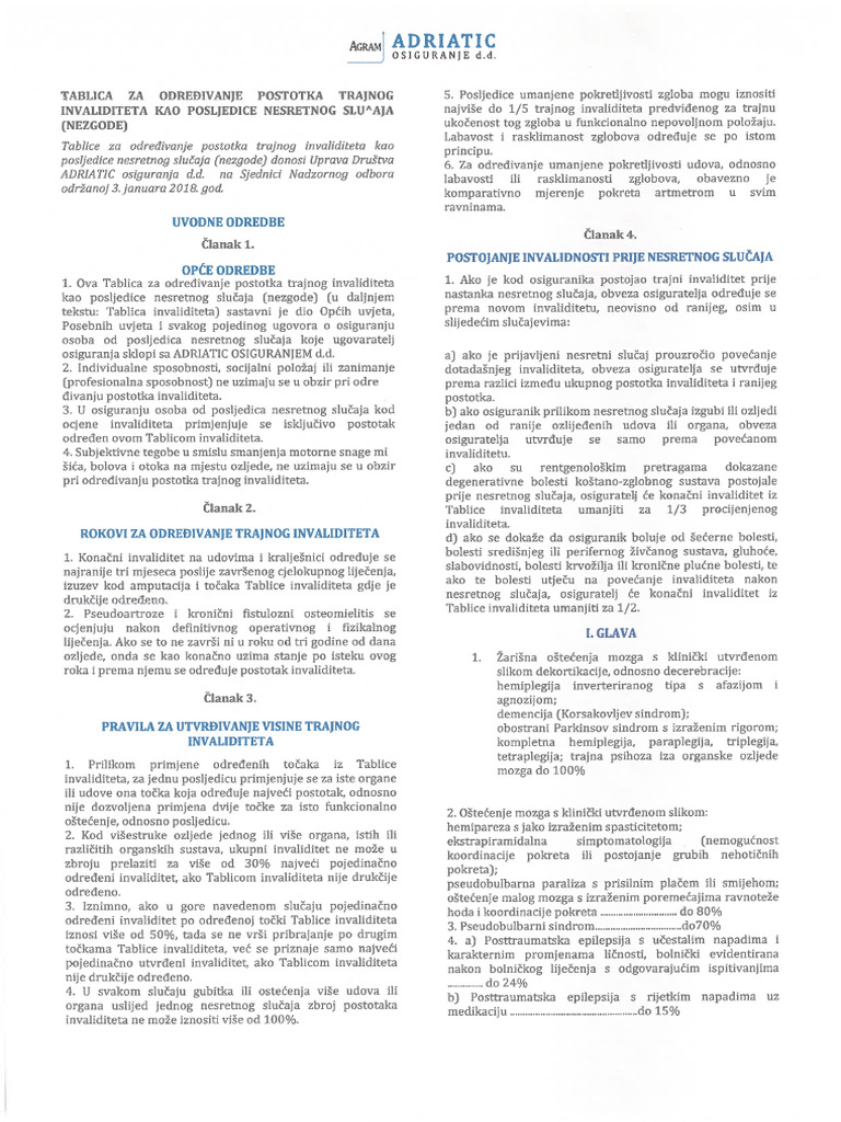 Adriatic Tablice Za Određivanje Postotka Invalidnosti | PDF