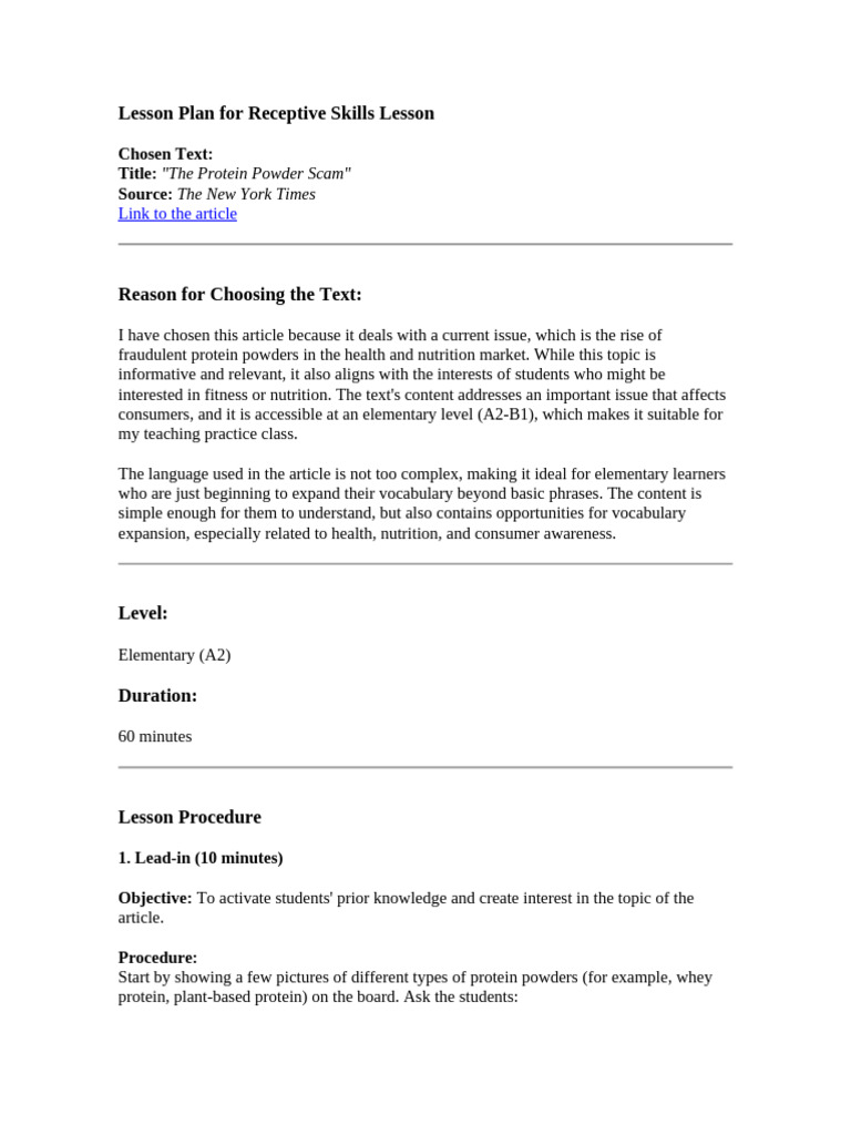 Lesson Plan: Understanding Protein Powders | PDF | Reading ...