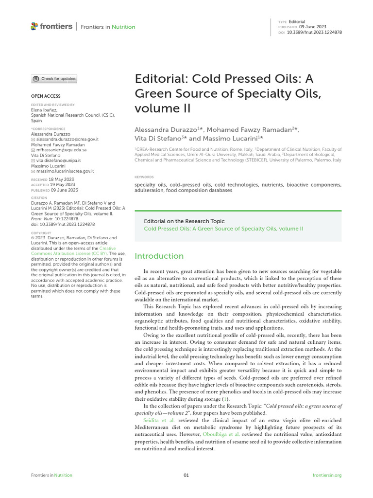 Editorial Cold Pressed Oils A Green Source of Spec | PDF | Polyphenol ...