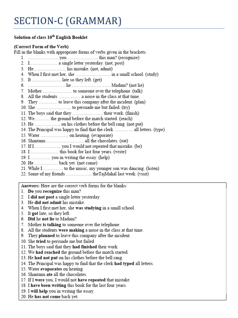 Solution of Class 10th English Booklet (Section 'C' Grammar) | PDF