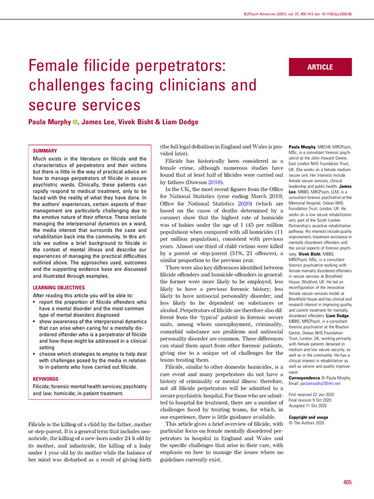 Challenges in Managing Female Filicide Perpetrators | PDF | Mental ...
