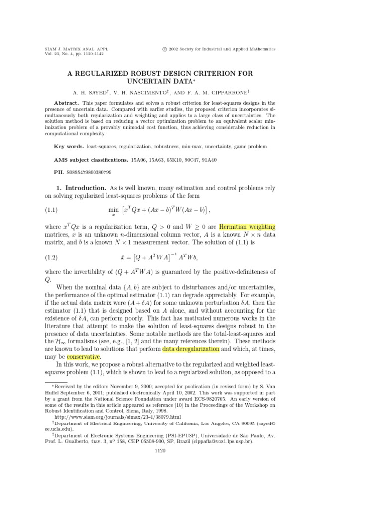 A-A regularized robust design criterion for uncertain data | PDF | Least Squares | Kalman Filter