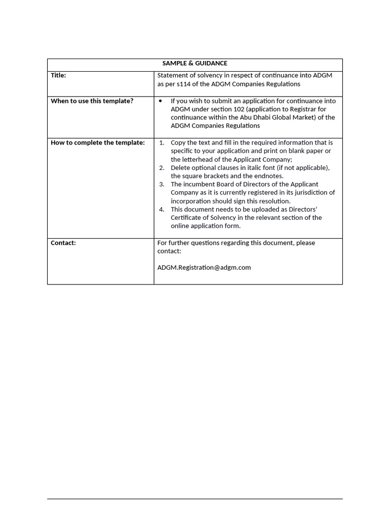 ADGM Continuance Solvency Statement Template | PDF