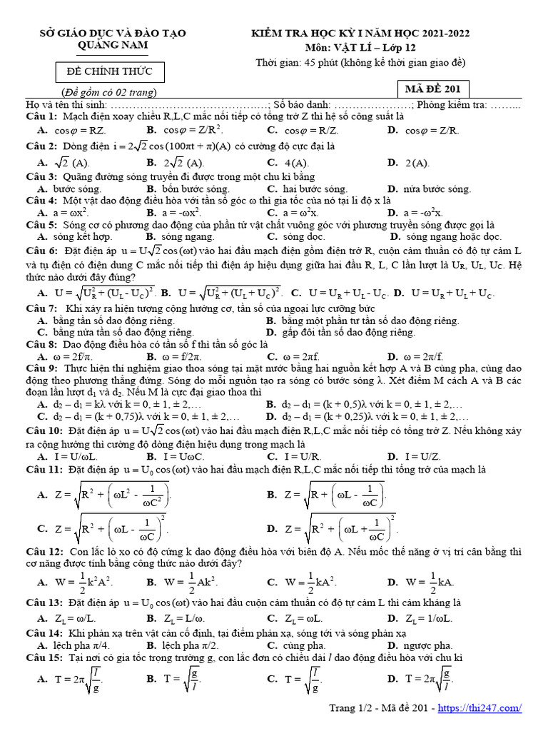 De Thi Cuoi Hoc Ky 1 Vat Li 12 Nam Hoc 2021 2022 So GDDT Quang Nam - 013236 | PDF