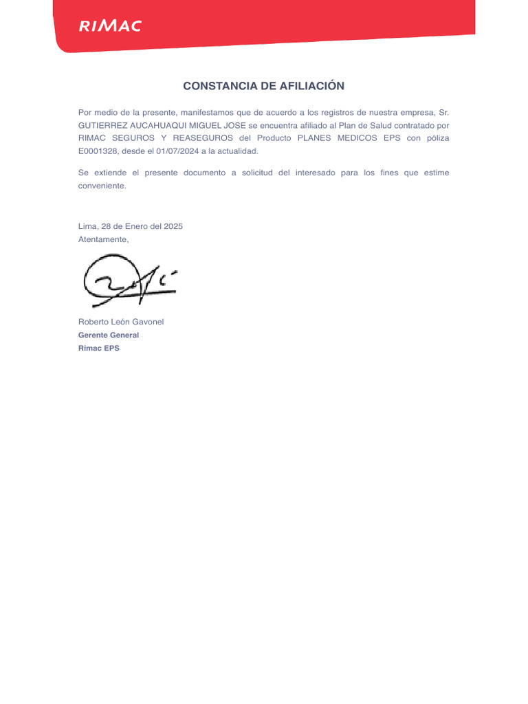 Constancia de Afiliación a RIMAC EPS | PDF