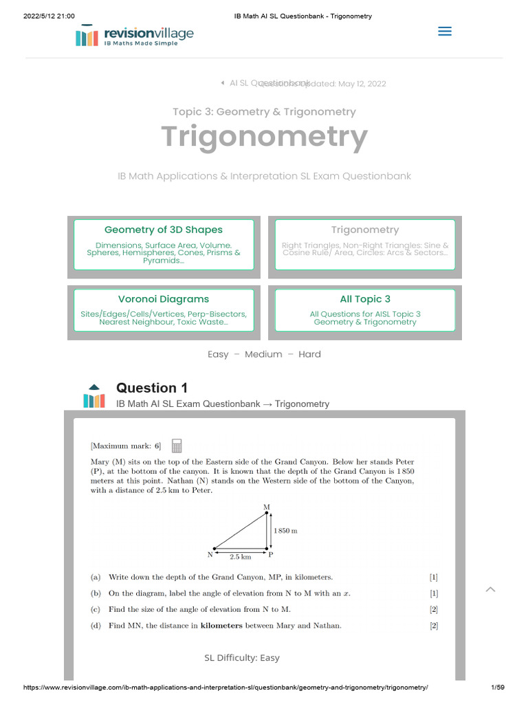 IB Math AI SL Questionbank - Trigonometry-蓝色打勾 | PDF | Area | Sphere