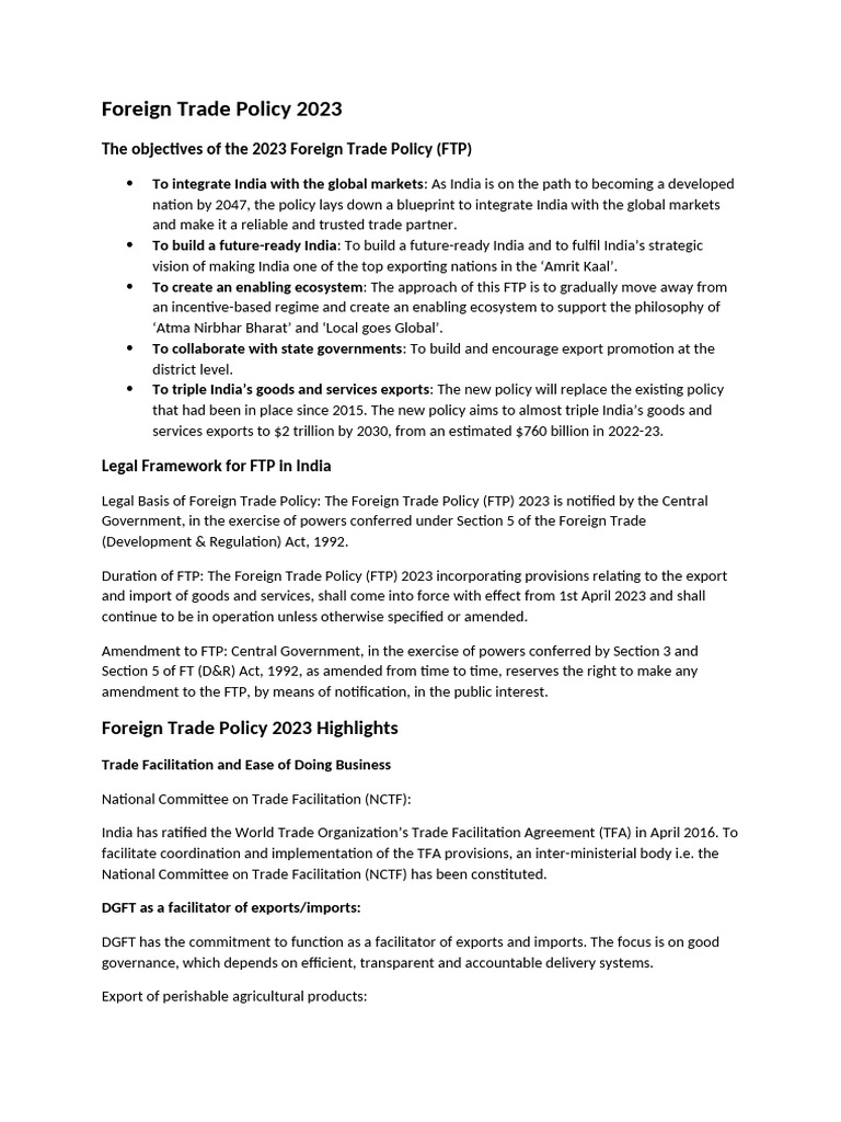 Objectives of Foreign Trade Policy 2023 | PDF | Exports | Trade